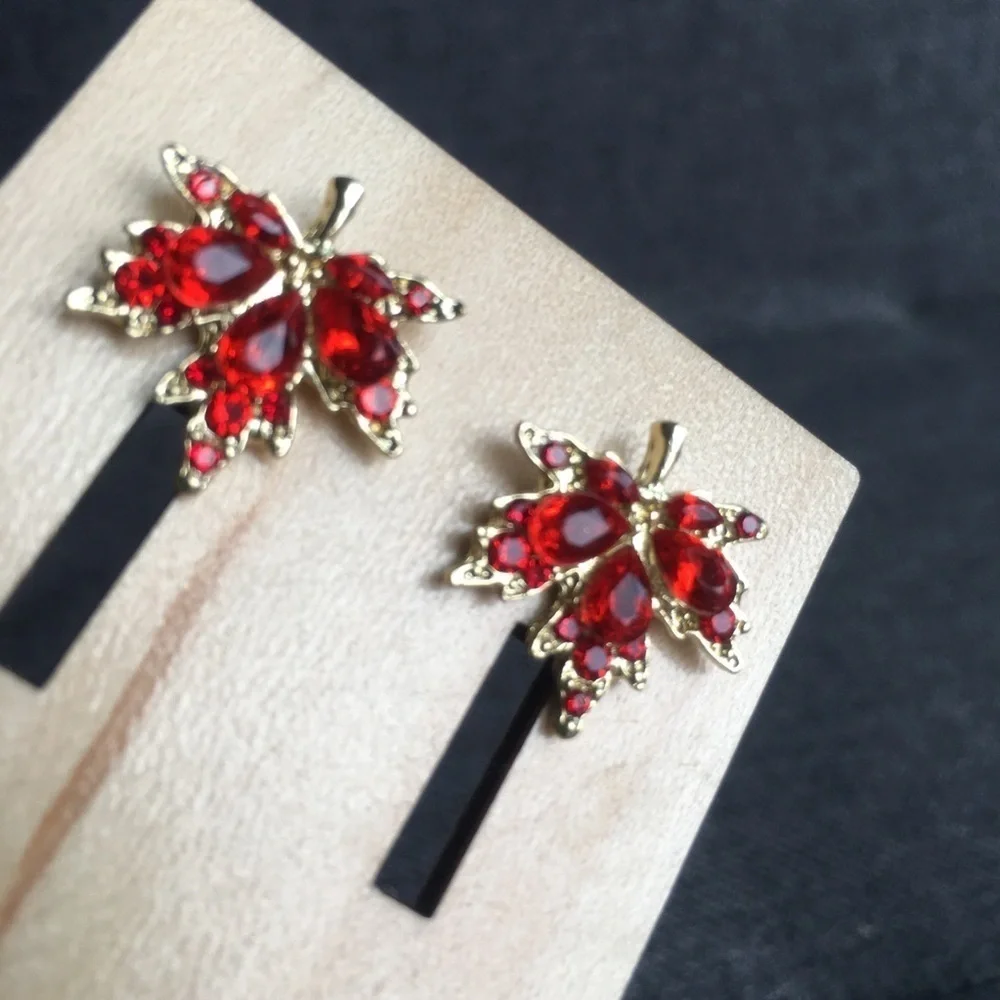 Jewelry | Rhinestone Maple Leaf Stud Fashion Earrings Red Orange | Poshmark